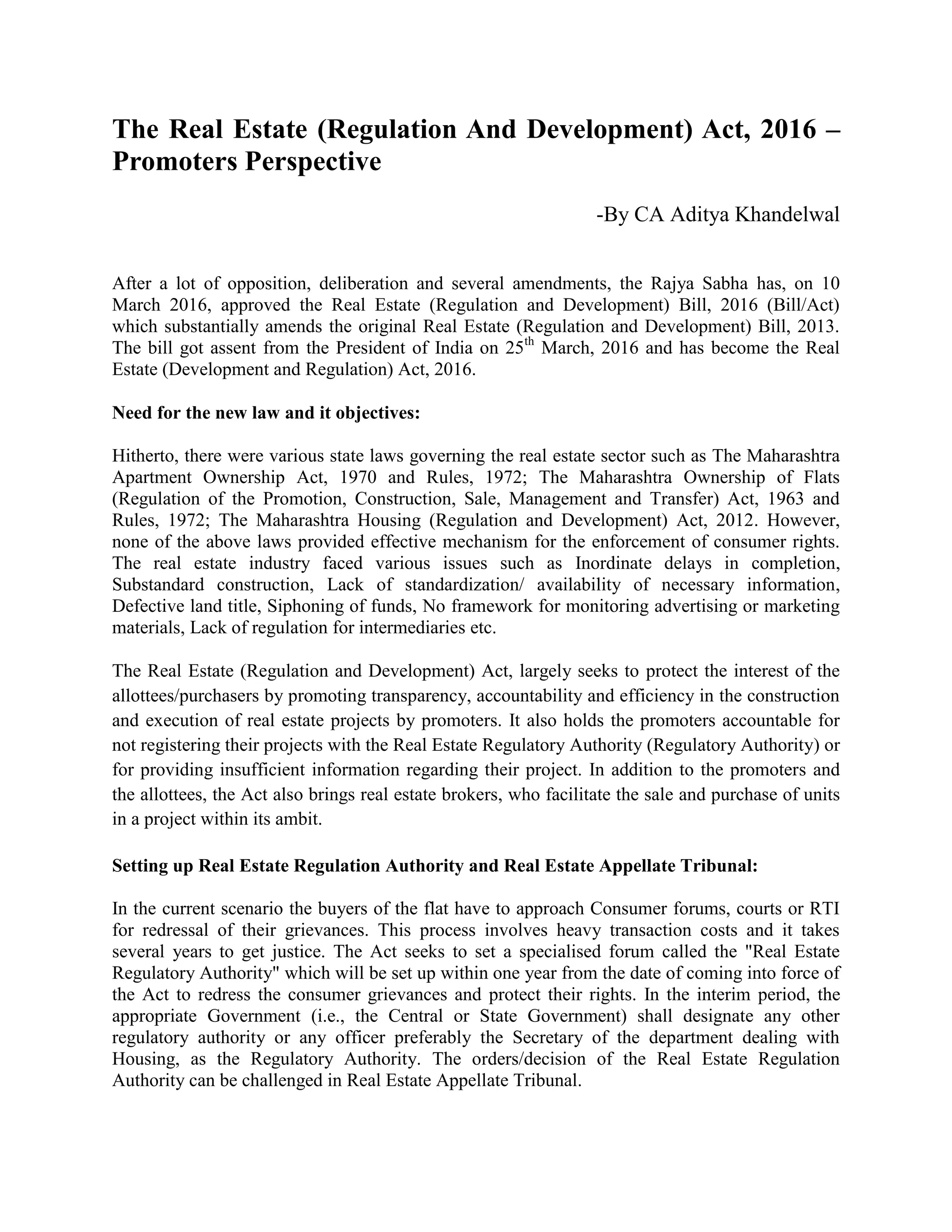 Real Estate (Regulation and Development) Act, 2016-Promoters ...