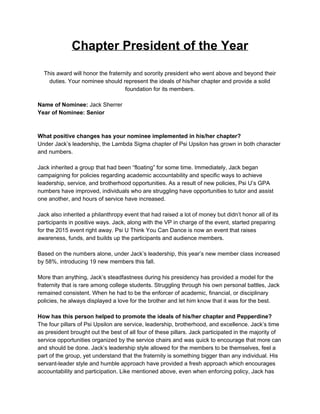 Chapter President of the Year - Sherrer - Psi Upsilon Fraternity | PDF
