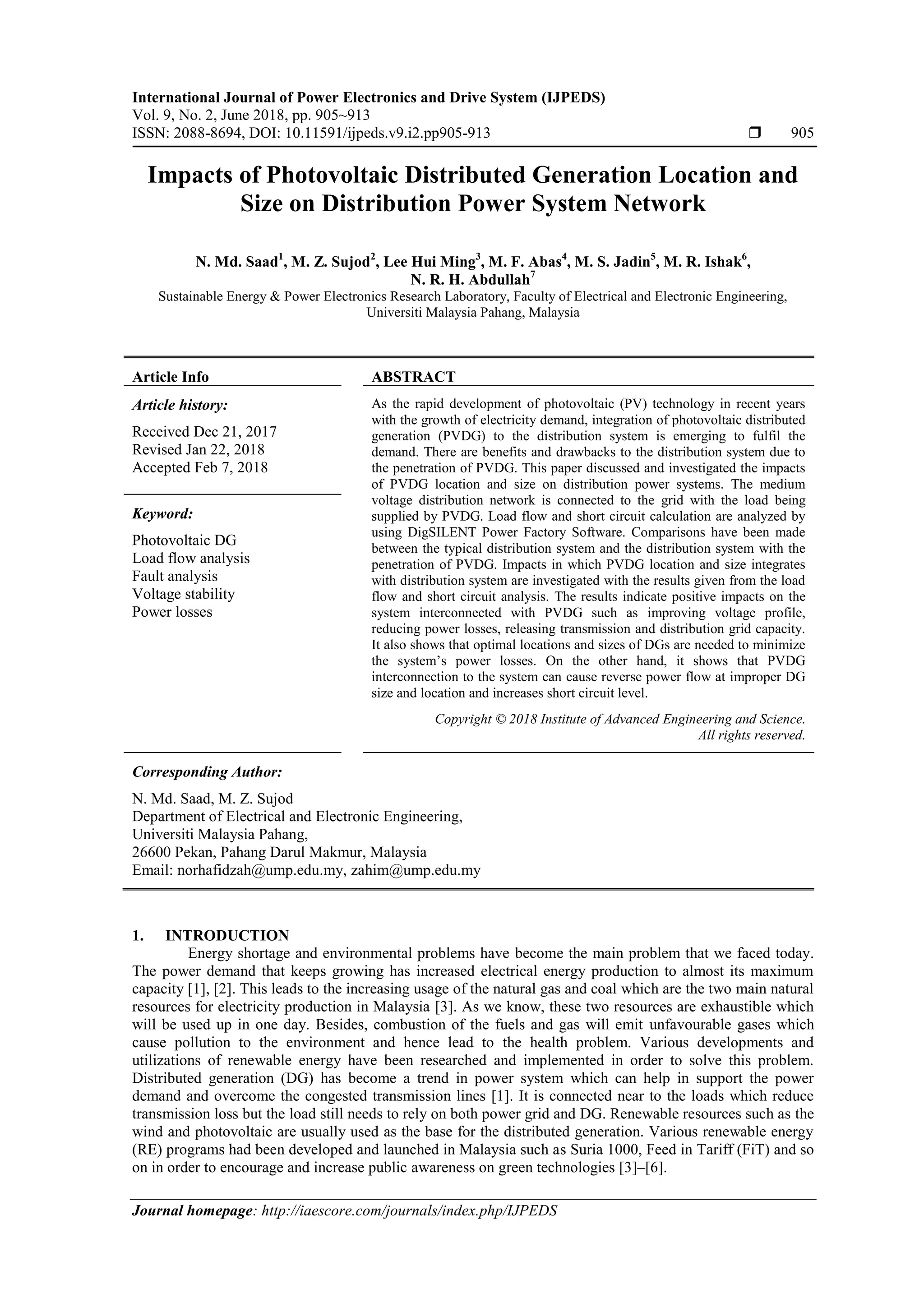 Impacts of Photovoltaic Distributed Generation Location and Size on Distribution Power System ...