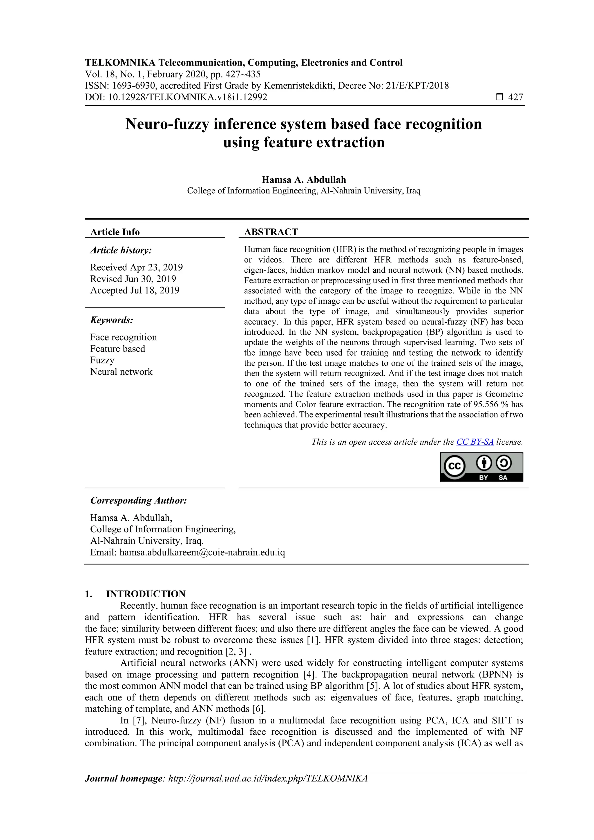 Neuro Fuzzy Inference System Based Face Recognition Using Feature