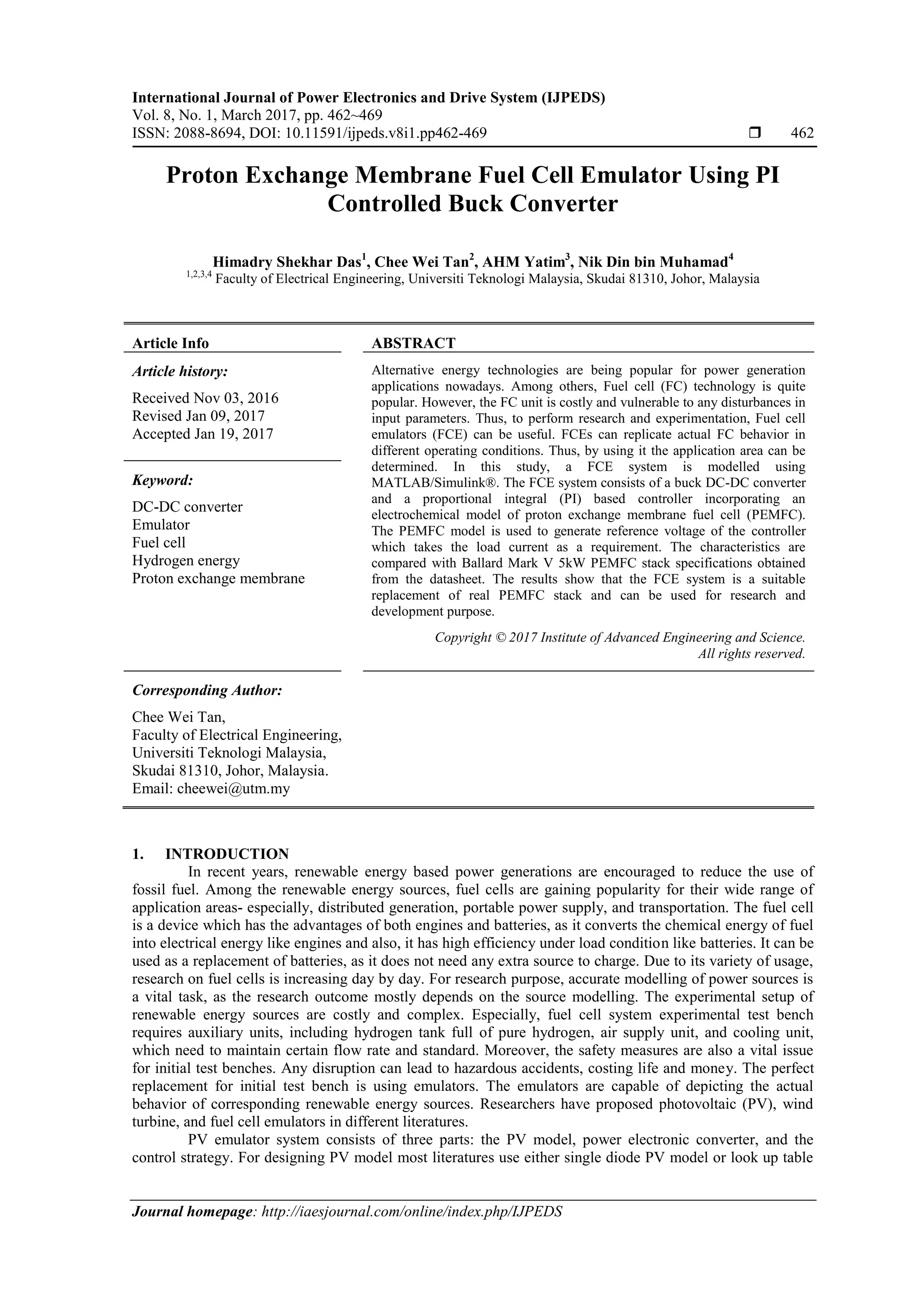 Proton Exchange Membrane Fuel Cell Emulator Using PI Controlled Buck ...