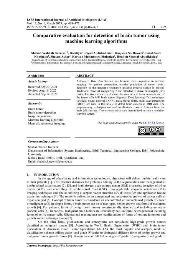 Comparative Evaluation For Detection Of Brain Tumor Using Machine Learning Algorithms Pdf