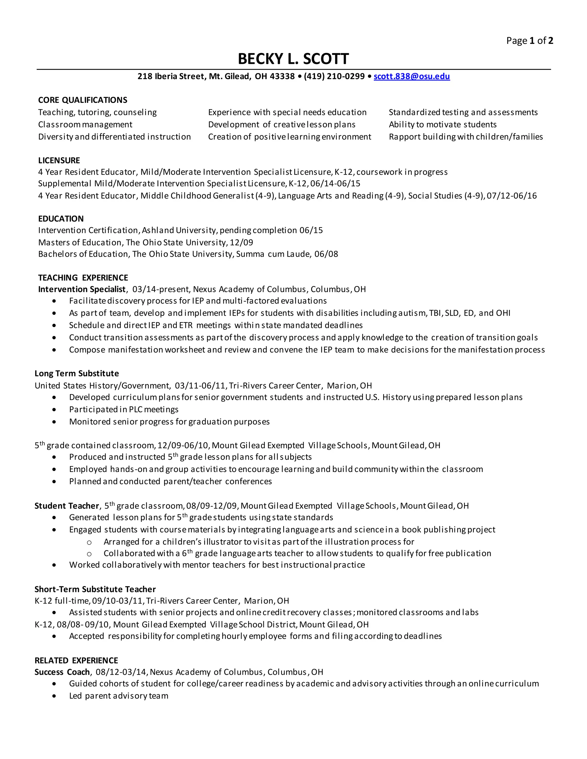 Becky Scott Resume 2015 | DOCX | Professional School | Postgraduate Education