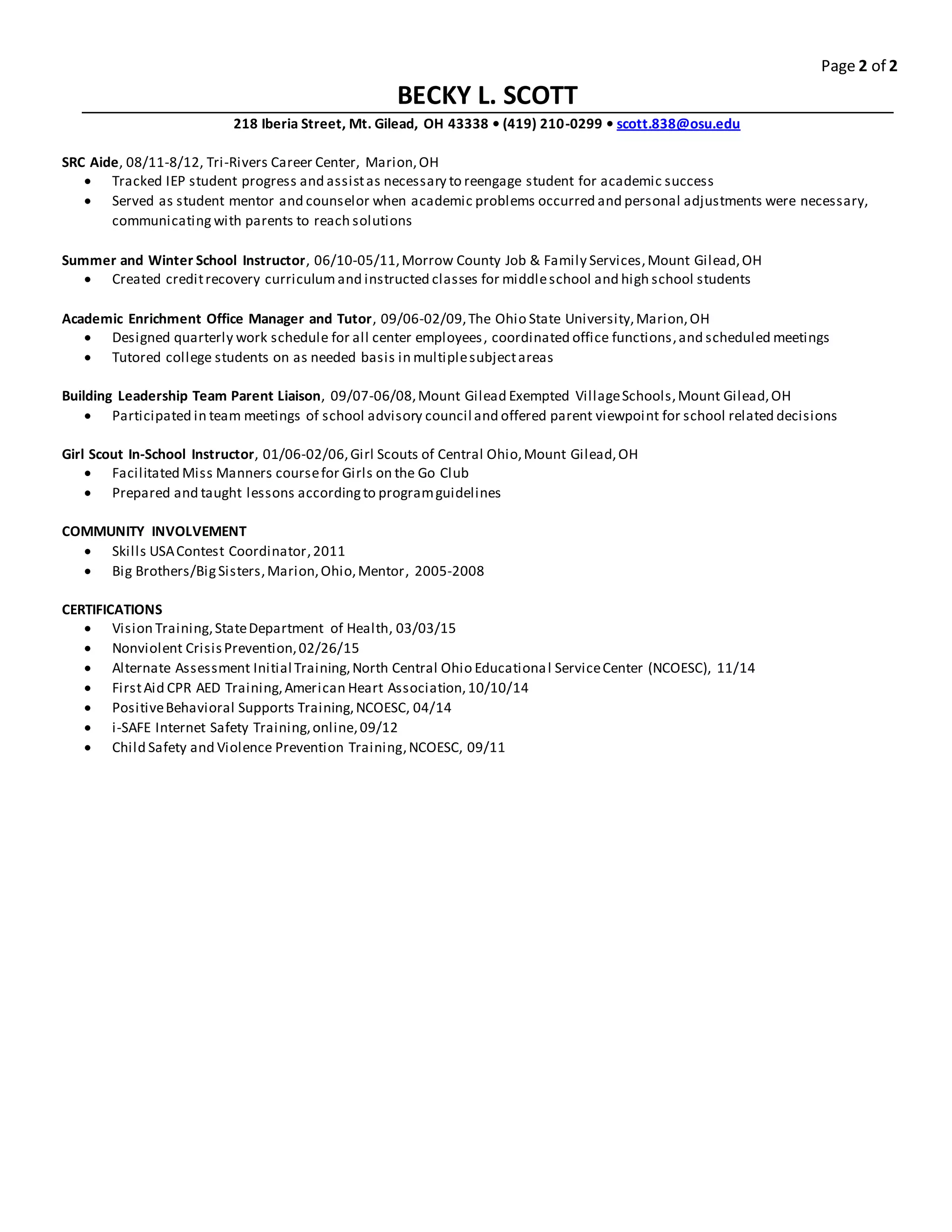 Becky Scott Resume 2015 | DOCX | Professional School | Postgraduate Education