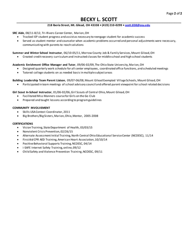 Becky Scott Resume 2015 | DOCX | Professional School | Postgraduate ...