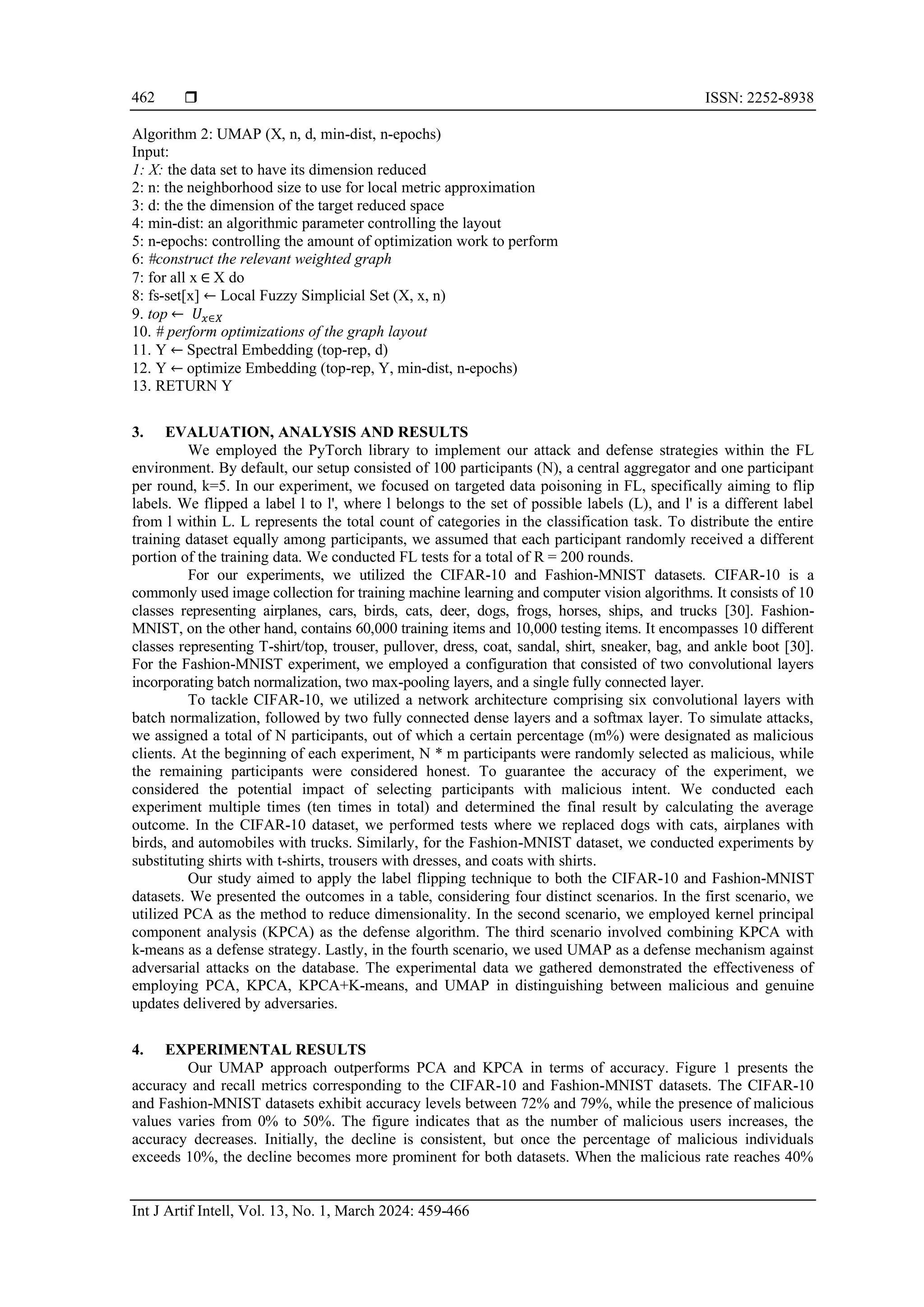 Defending against label-flipping attacks in federated learning systems using uniform manifold ...