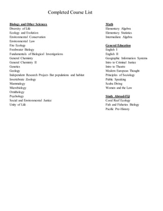 Resume and Completed Coursework List | DOCX
