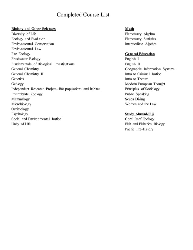Resume and Completed Coursework List | DOCX