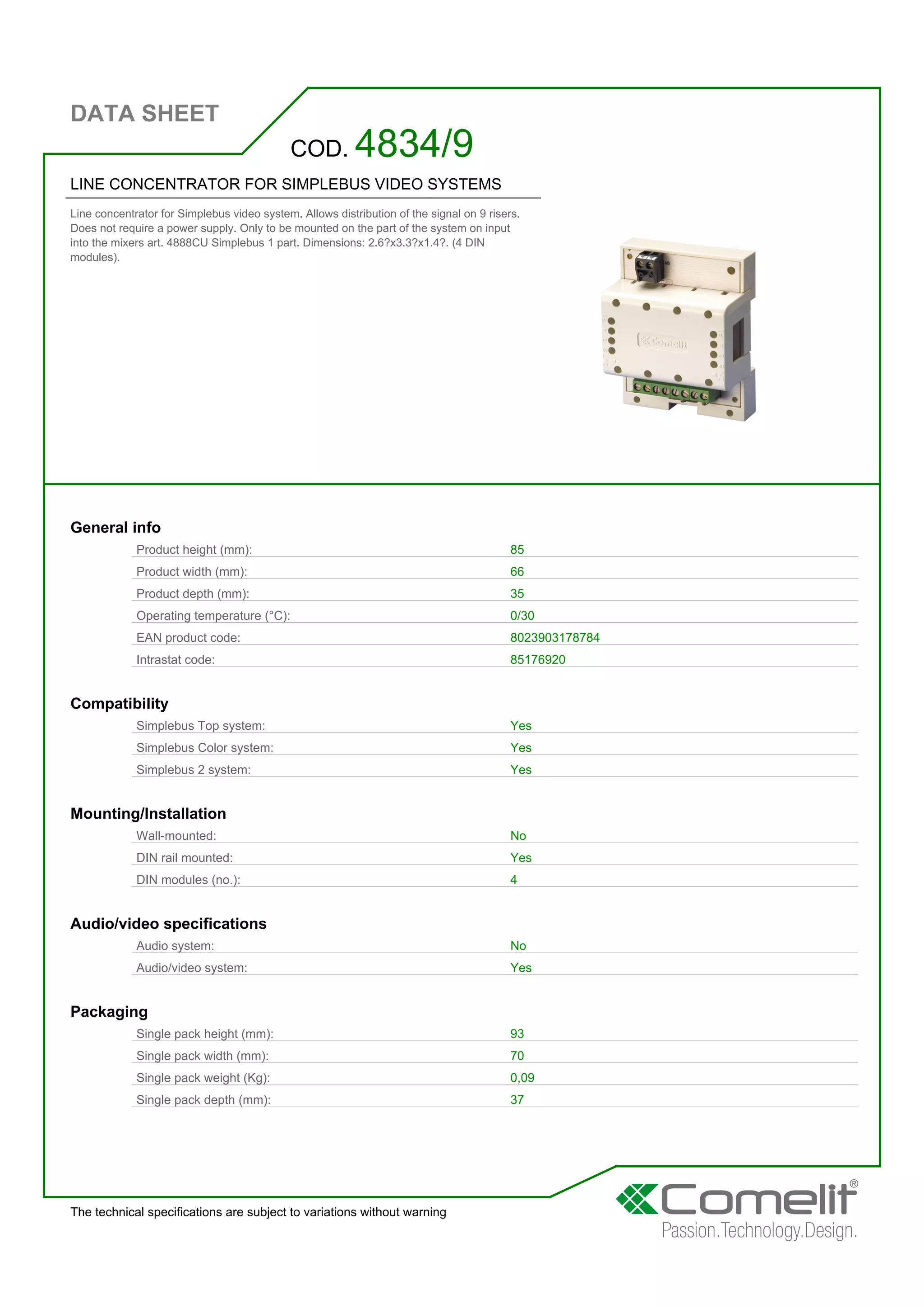 Comelit 4834/9 Data Sheet | PDF