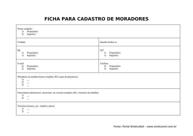 Ficha para cadastro de moradores de condomínios | PDF