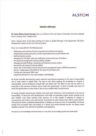 Carlos Acosta - Alstom Switzerland Reference Letter 2015 | PDF