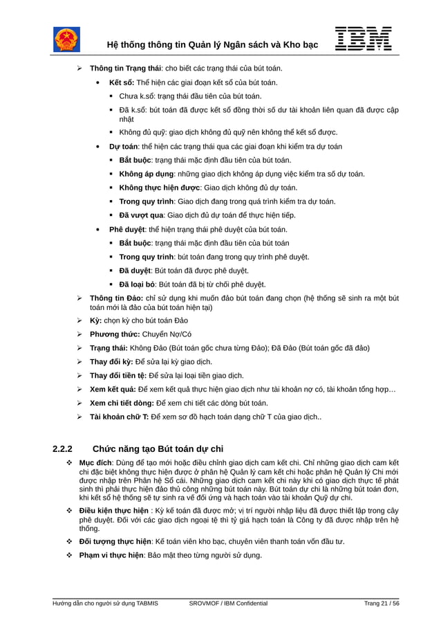 Tài liệu hướng dẫn cho người sử dụng Hệ thống Thông tin Quản lý Ngân sách và Kho bạc (TABMIS) | PDF