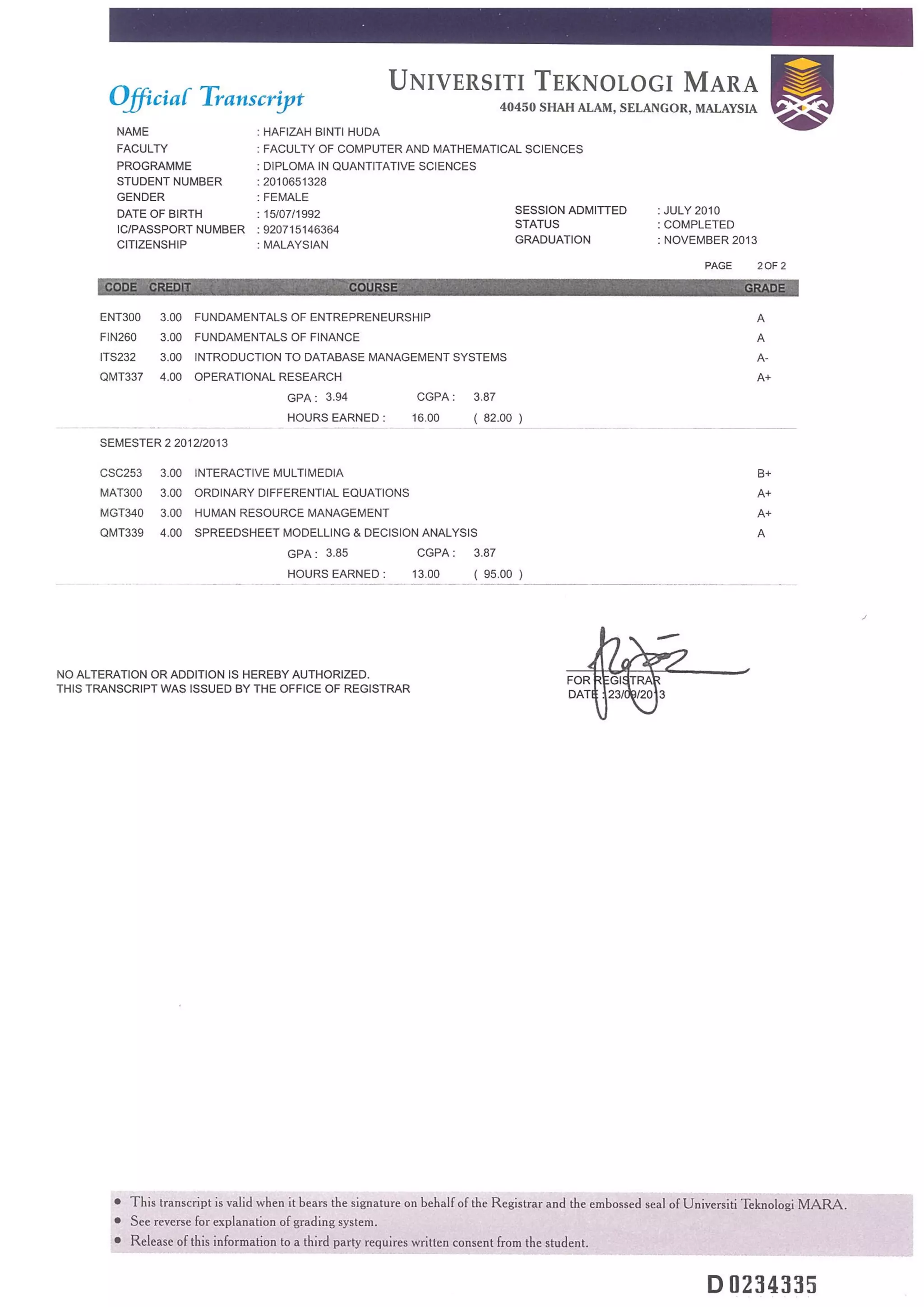 TRANSCRIPT DIPLOMA IN MATHEMATICS | PDF