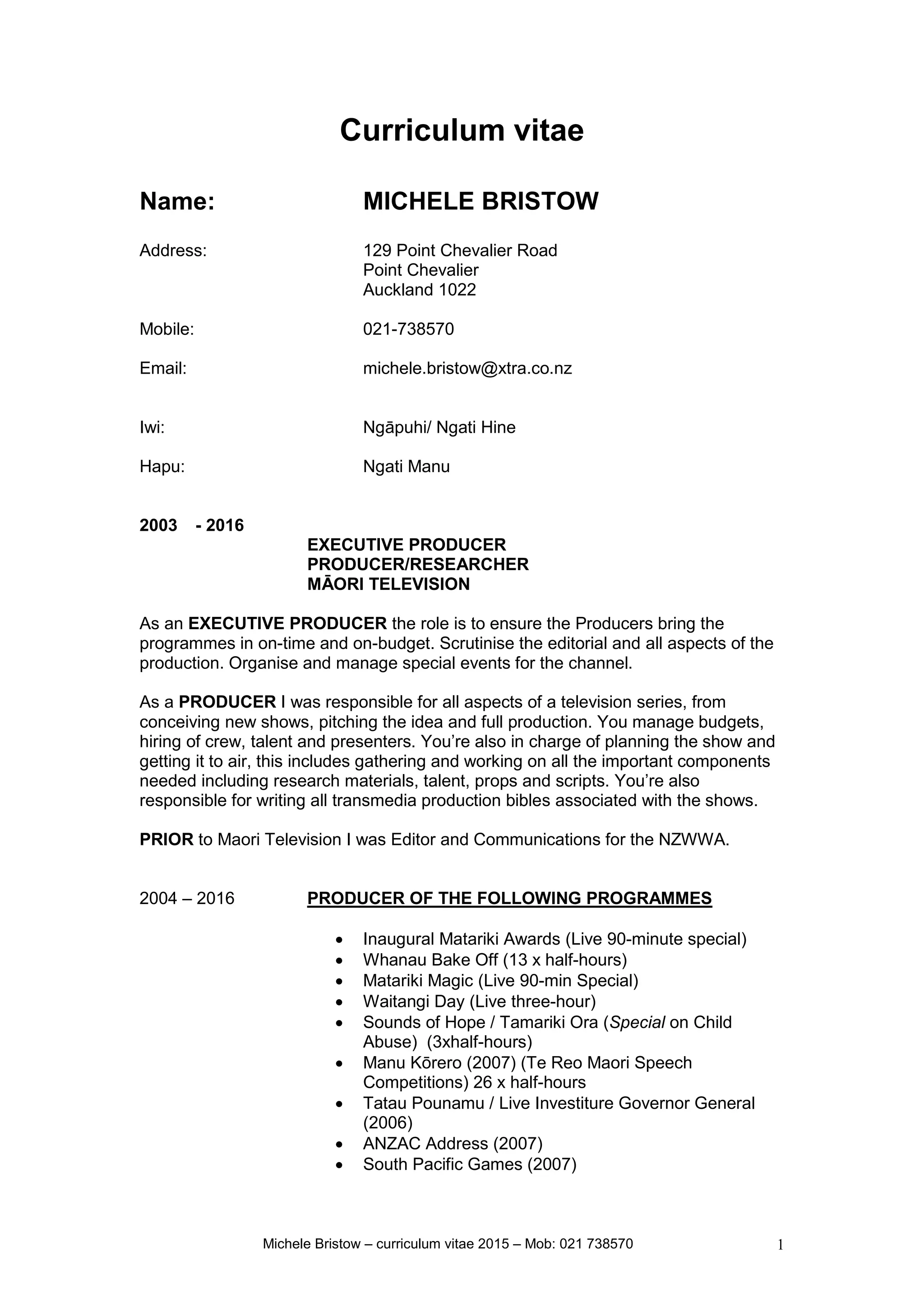 CV - MICHELE BRISTOW 2016 | PDF