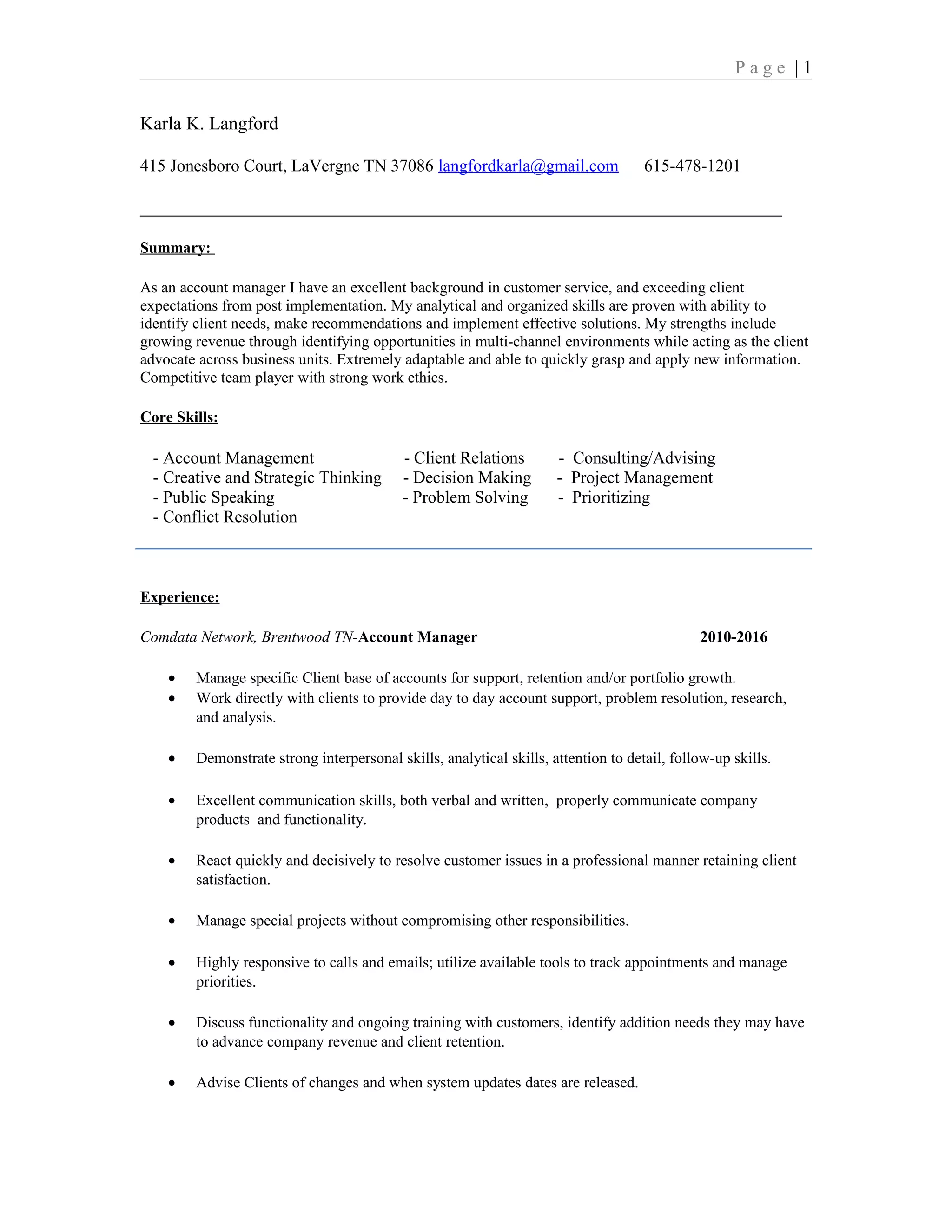 Karla Langford resume 2016 | PDF