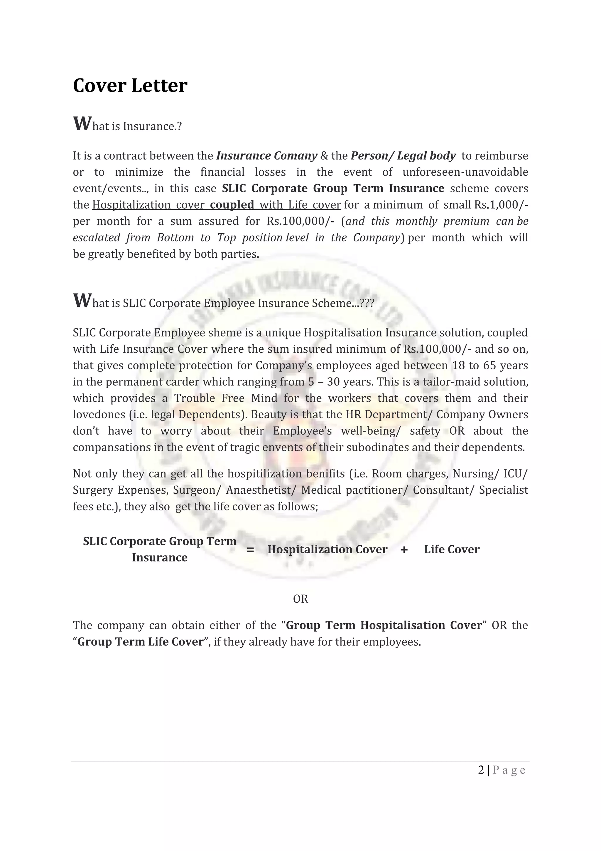 Insurance Proposal - SLIC Corporate Employee (Format) | PDF