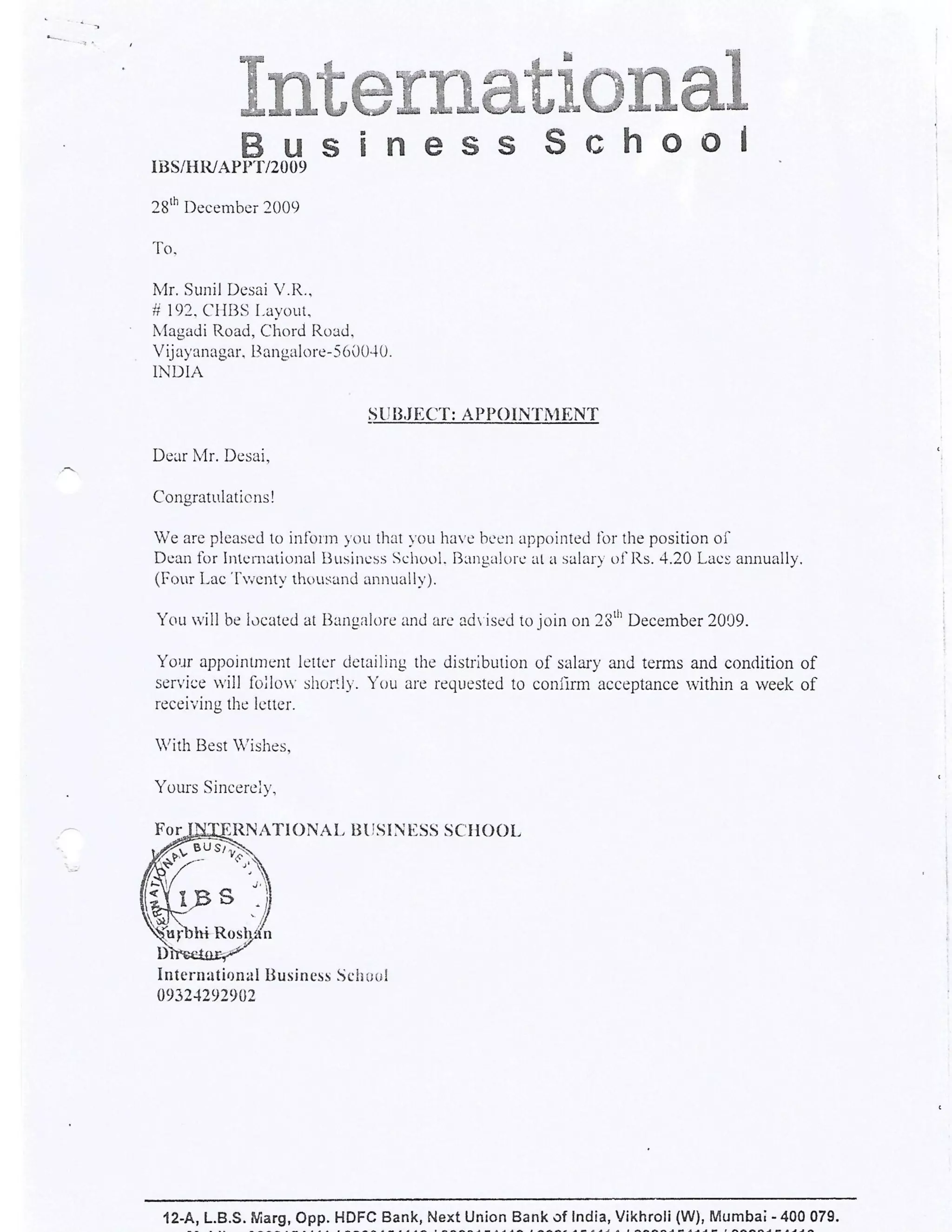 Appointment letter of IBS 1 | PDF