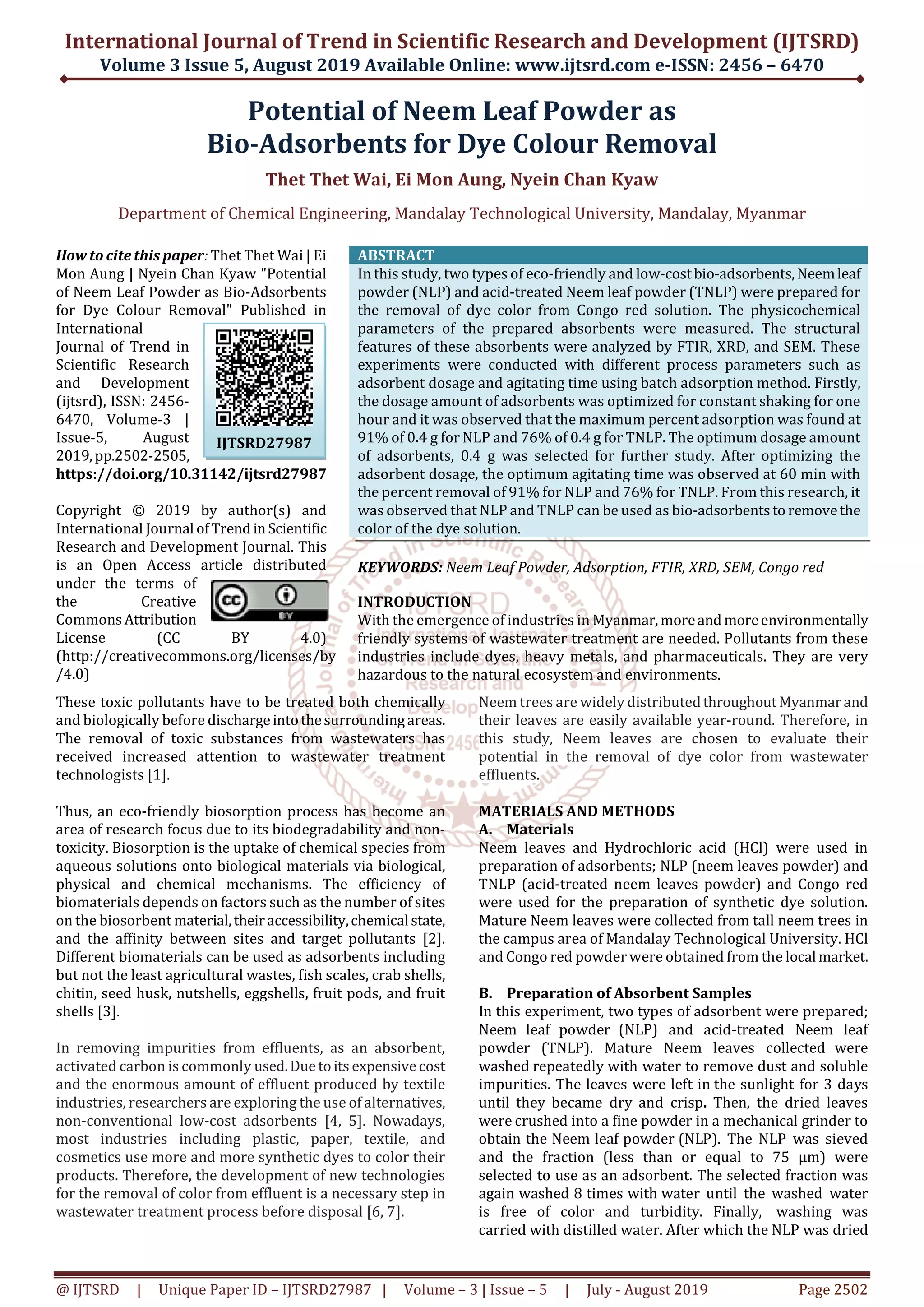 Potential of Neem Leaf Powder as Bio Adsorbents for Dye Colour Removal ...