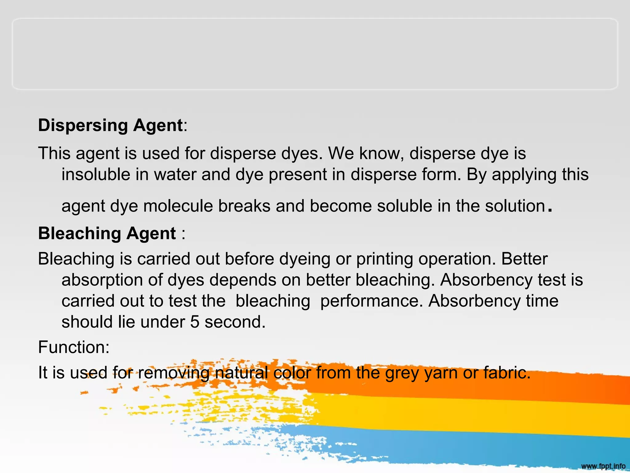 Chemicals and Auxiliaries used in Textile Wet Processing | PPT