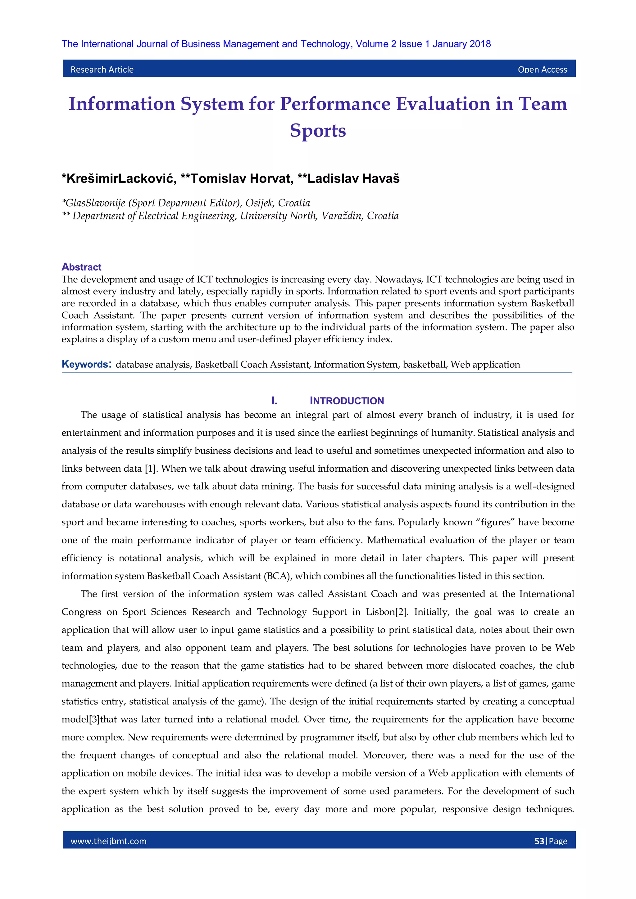 Information System for Performance Evaluation in Team Sports | PDF