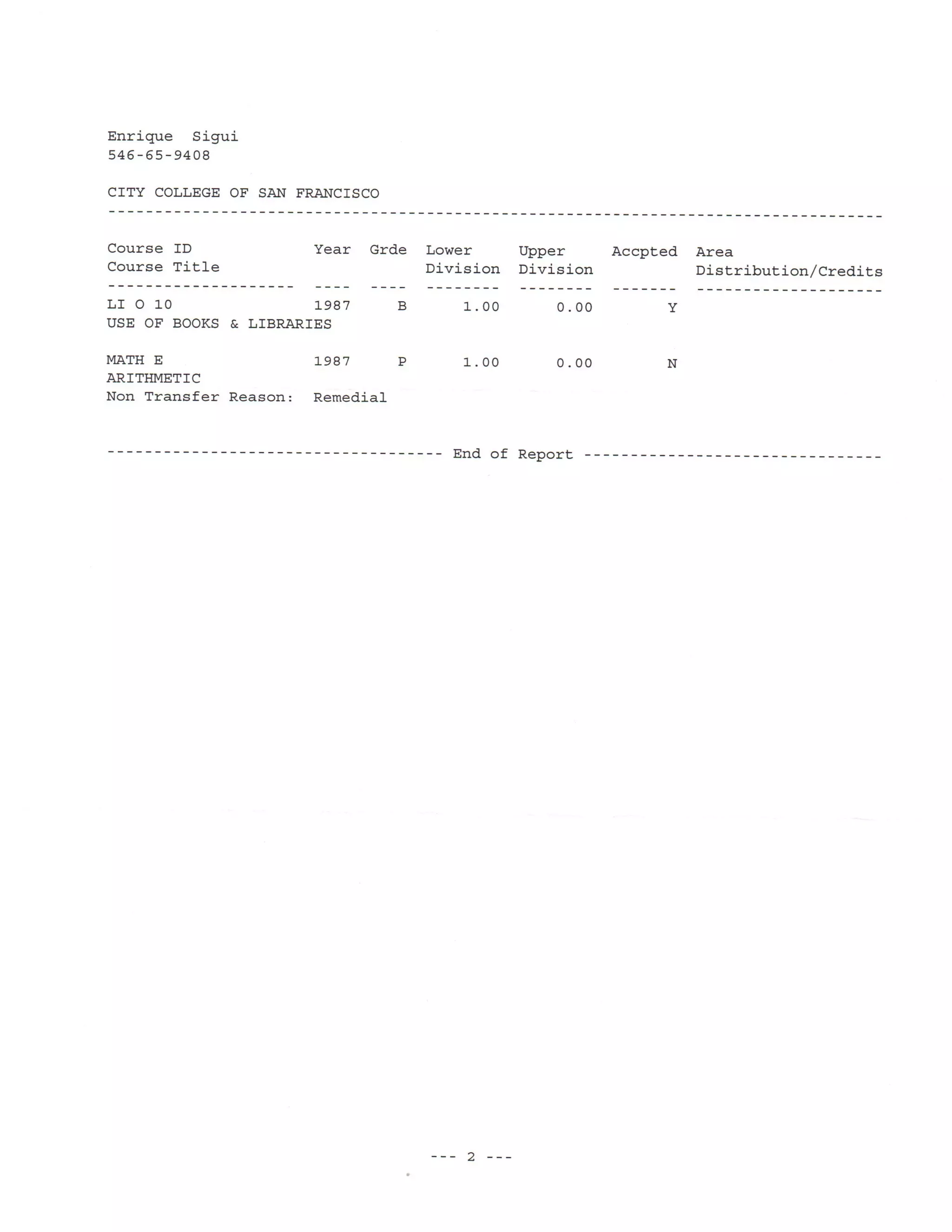 San Francisco City College Transcript | PDF