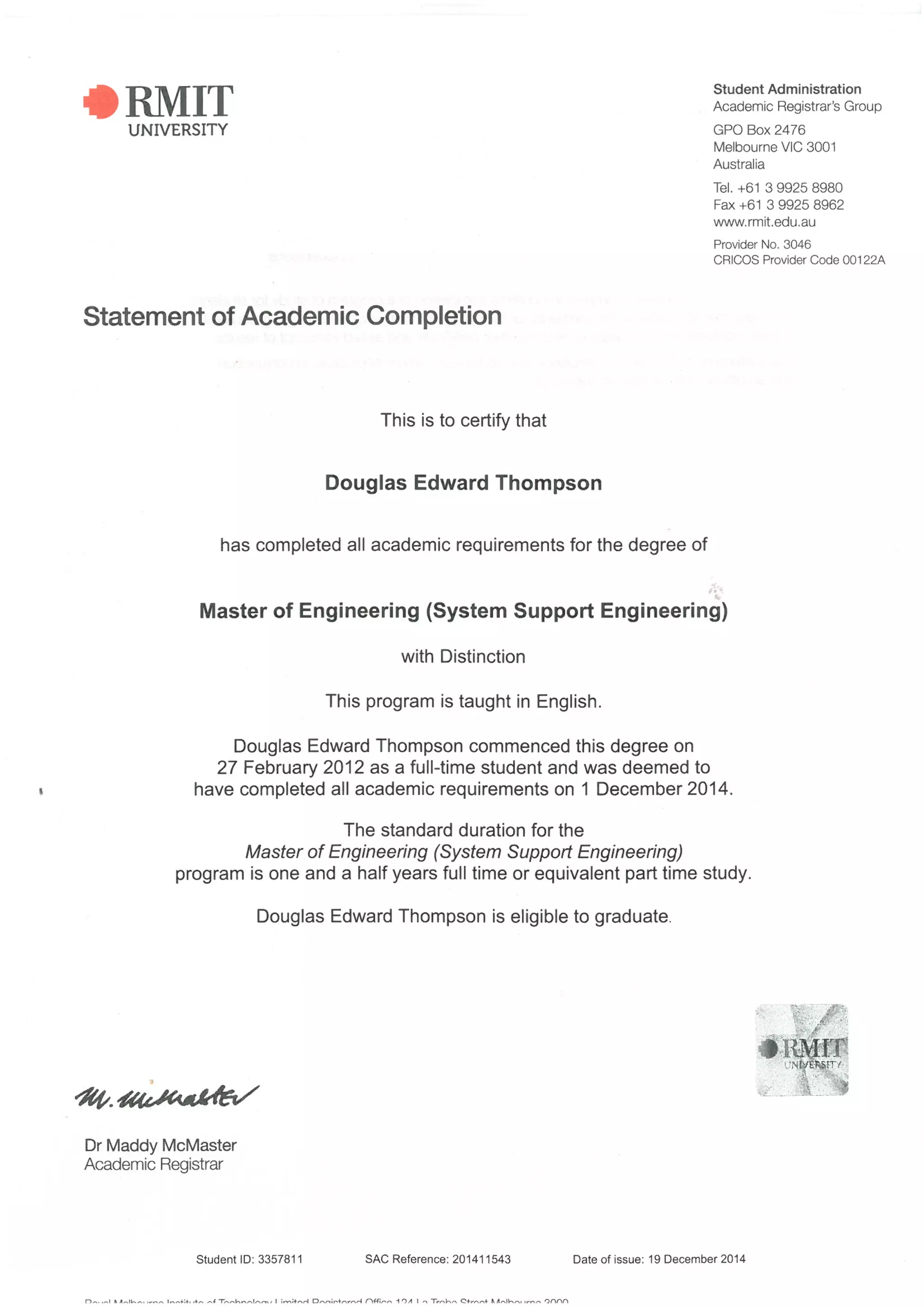 Masters Degree Statement of Academic Completion | PDF