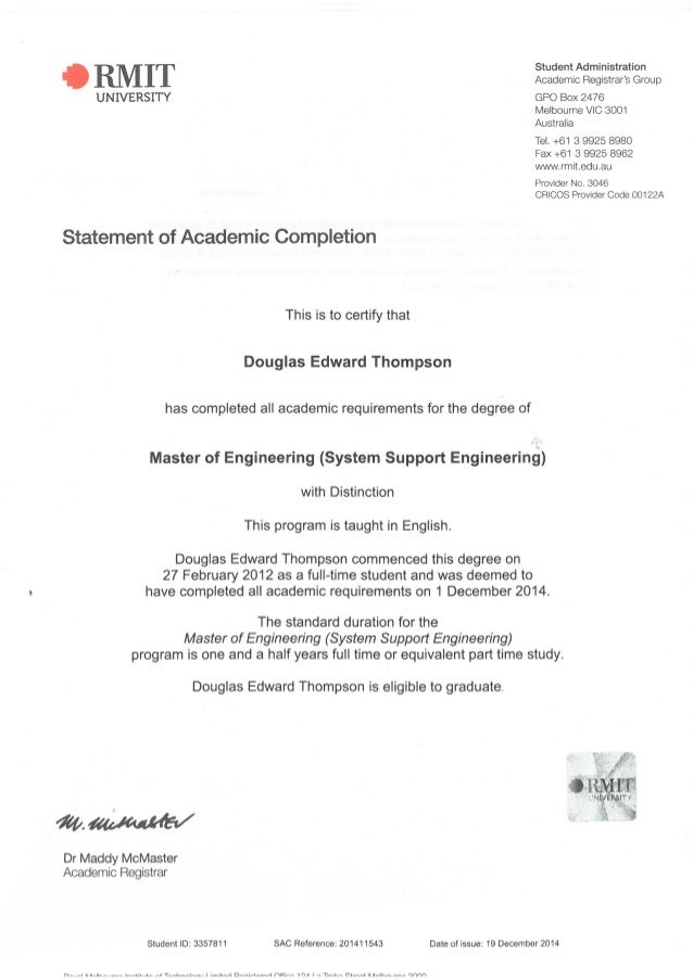 Masters Degree Statement of Academic Completion