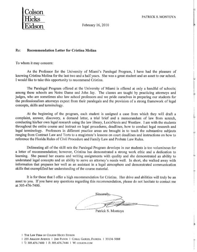 Recommendation Letter from Paralegal Program Professor