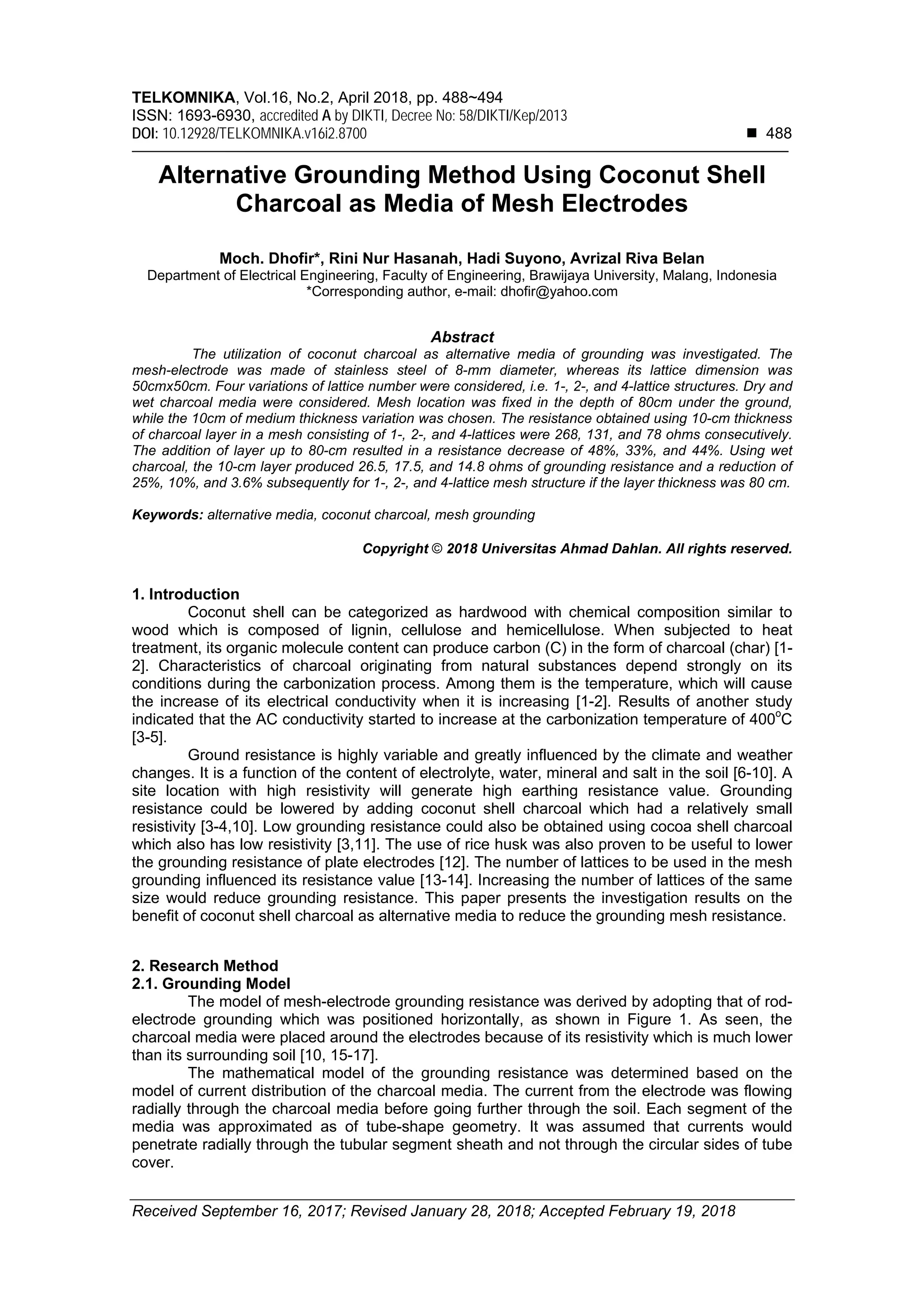 Alternative Grounding Method Using Coconut Shell Charcoal as Media of ...