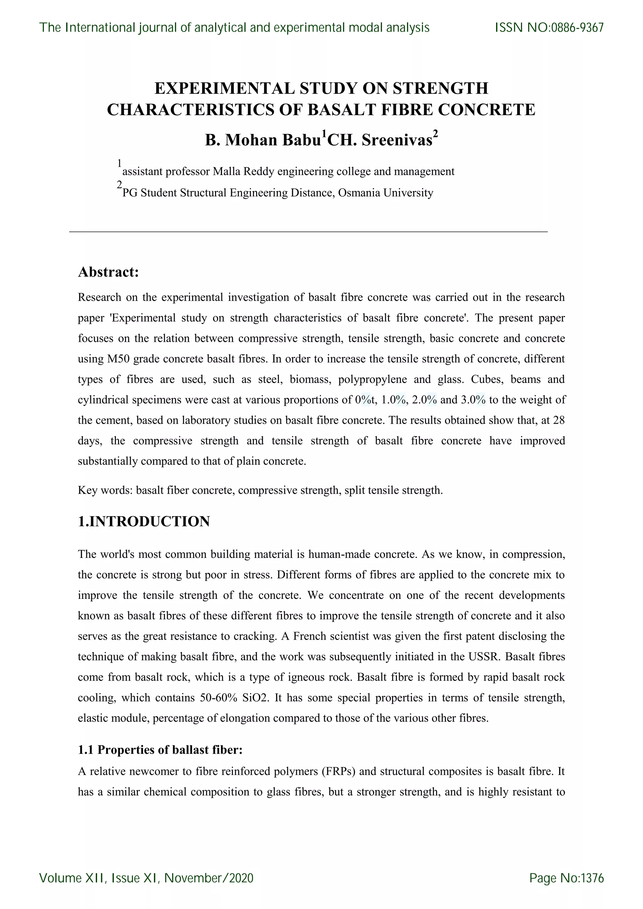 EXPERIMENTAL STUDY ON STRENGTHCHARACTERISTICS OF BASALT FIBRE CONCRETE ...