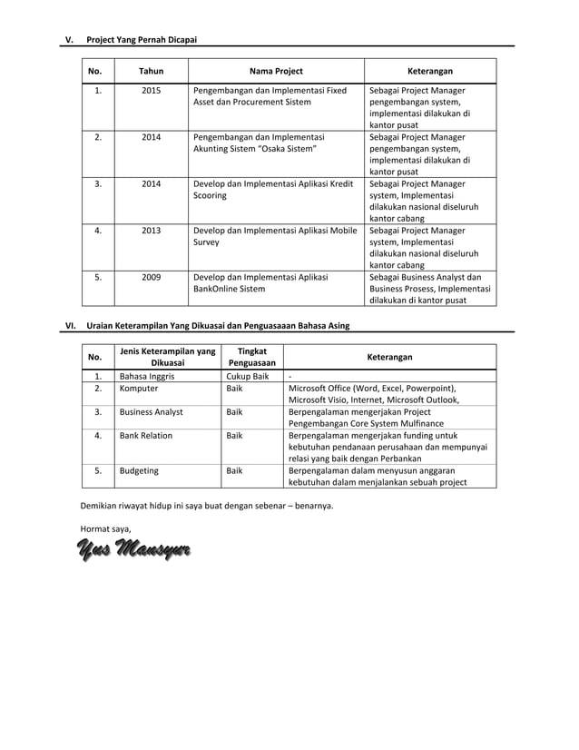 Daftar Riwayat Hidup - Yus Mansyur | PDF