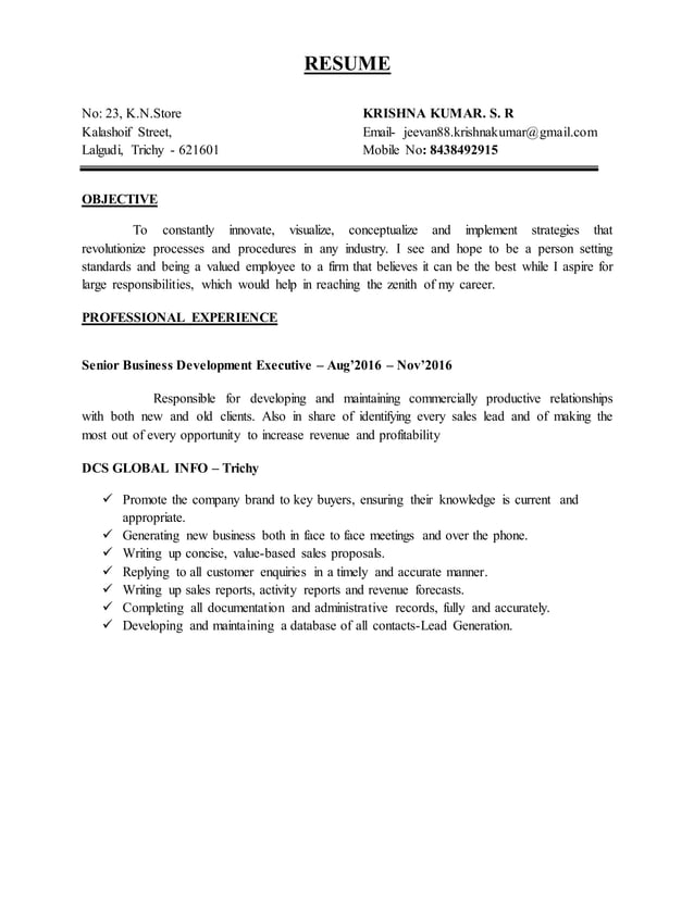Krishna kumar Resume updated dec | DOCX | Sales | Business