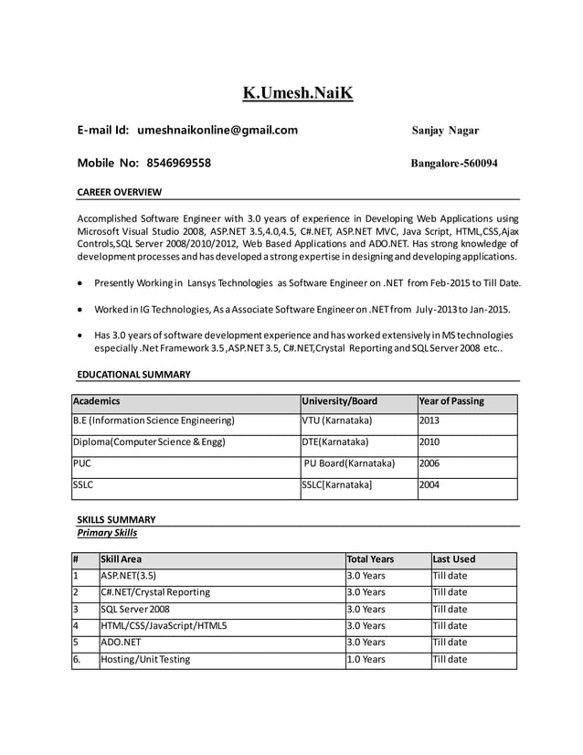 Umesh_Naik_Updated_Cv | PDF