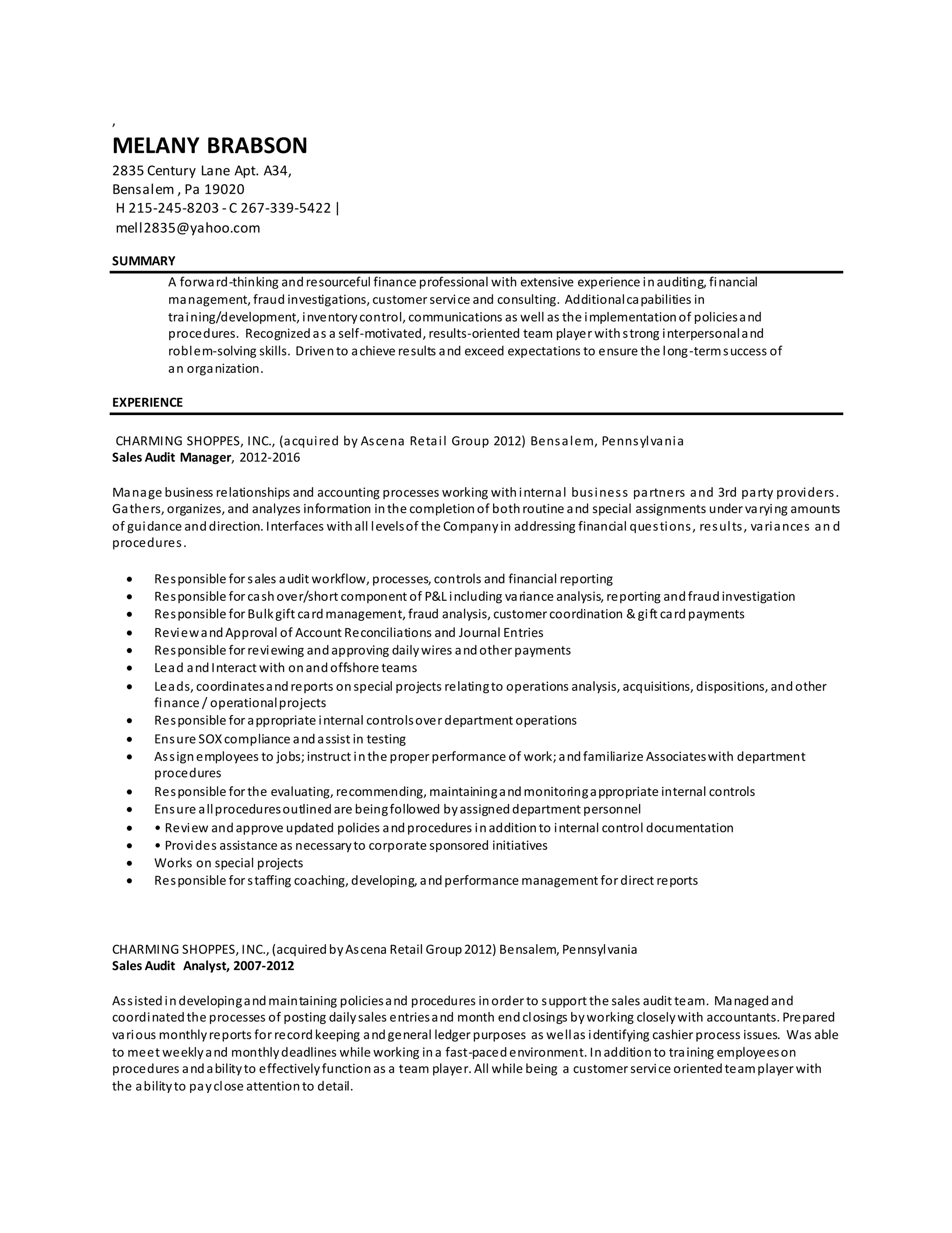 MELANY BRABSON RESUME | PDF