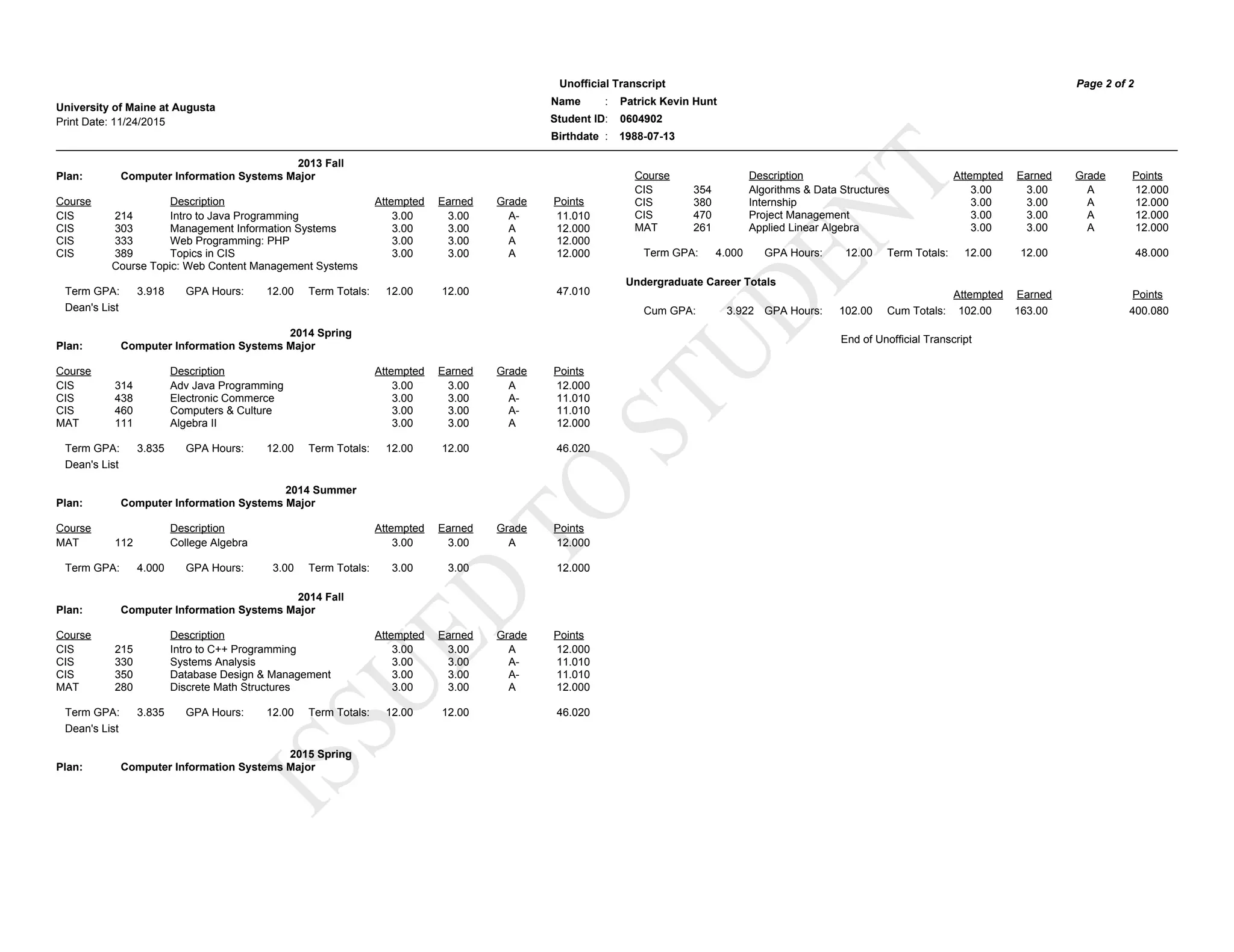 Patrick Hunt Unofficial Transcript | PPT