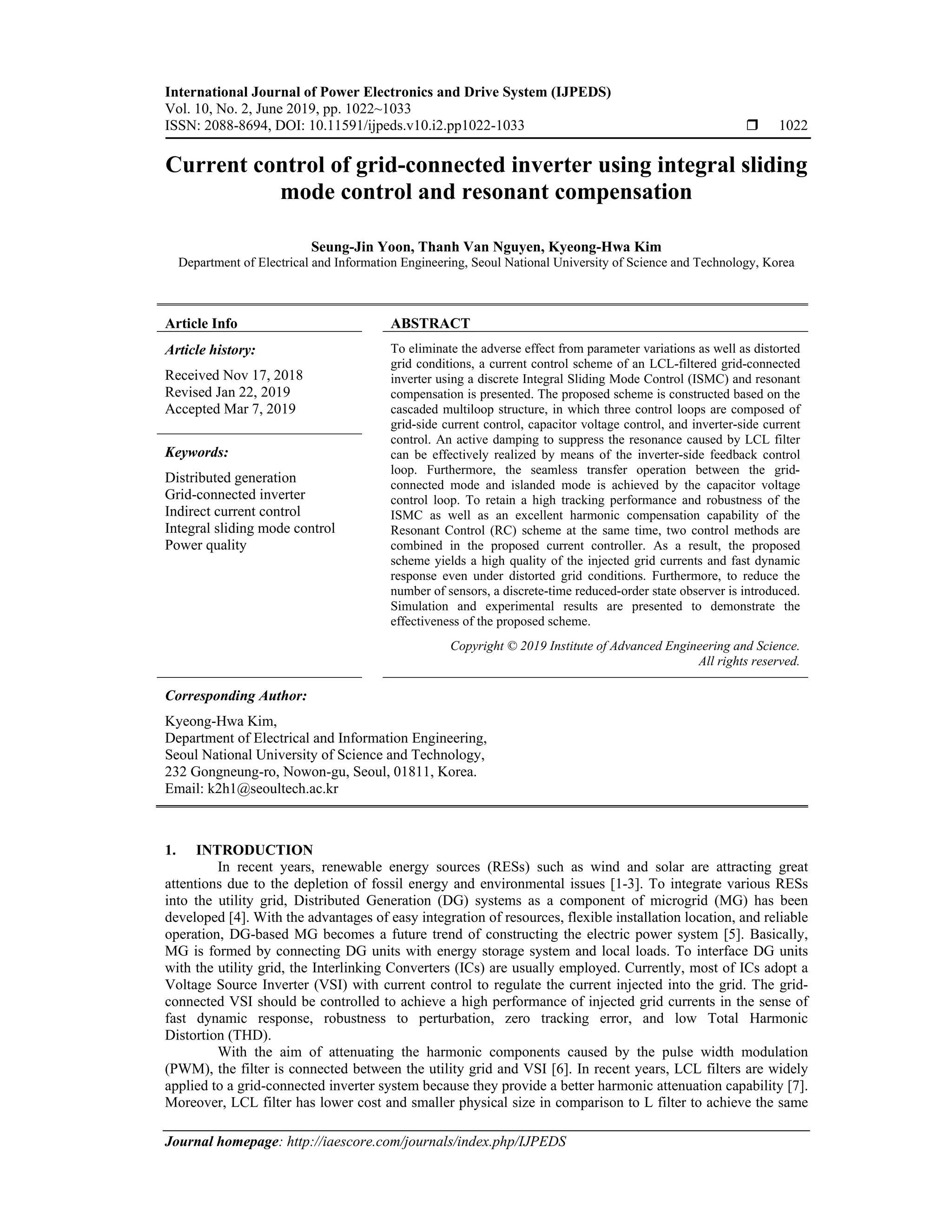 Current control of grid-connected inverter using integral sliding mode control and resonant ...