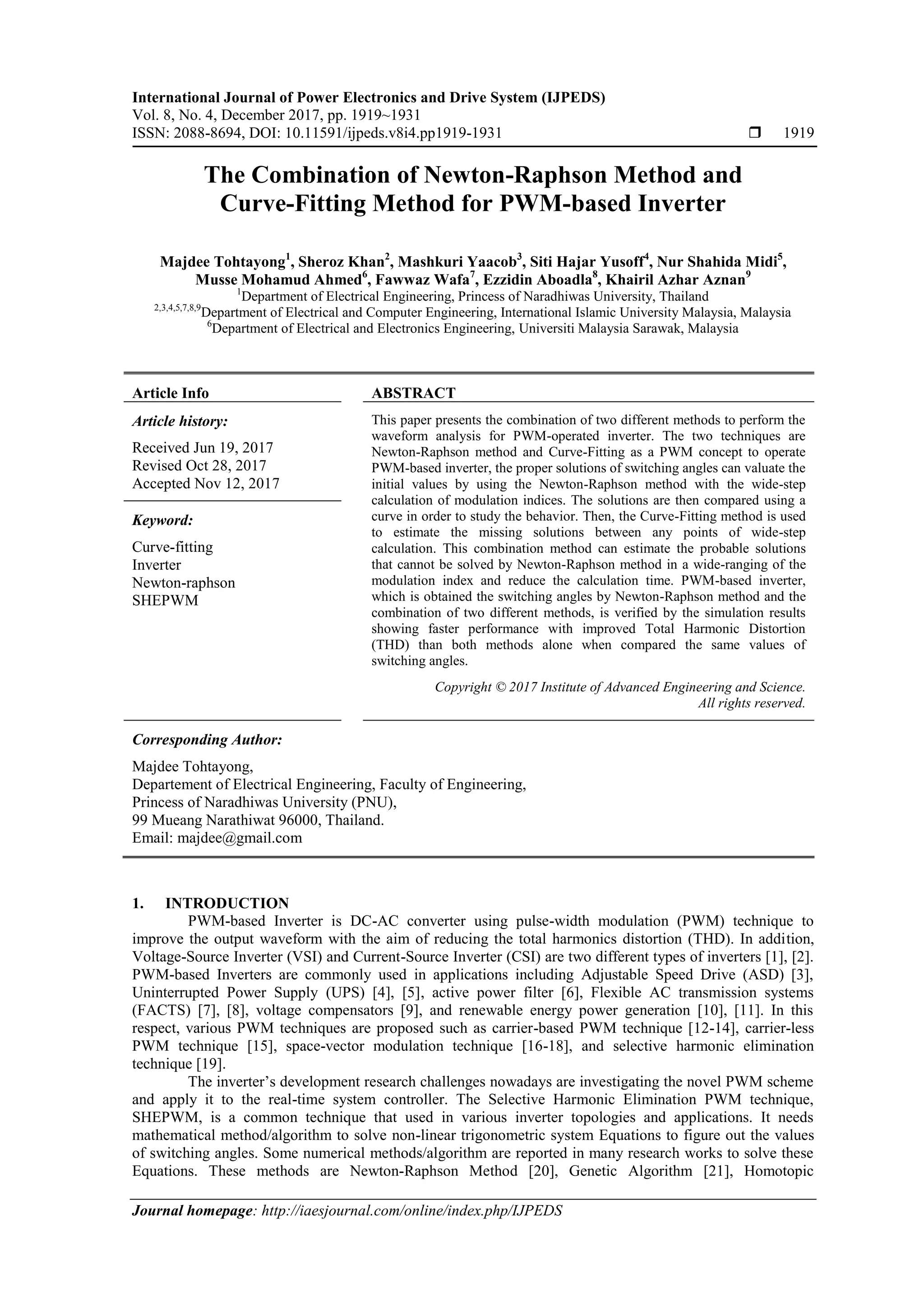 The Combination of Newton-Raphson Method and Curve-Fitting Method for PWM-based Inverter | PDF