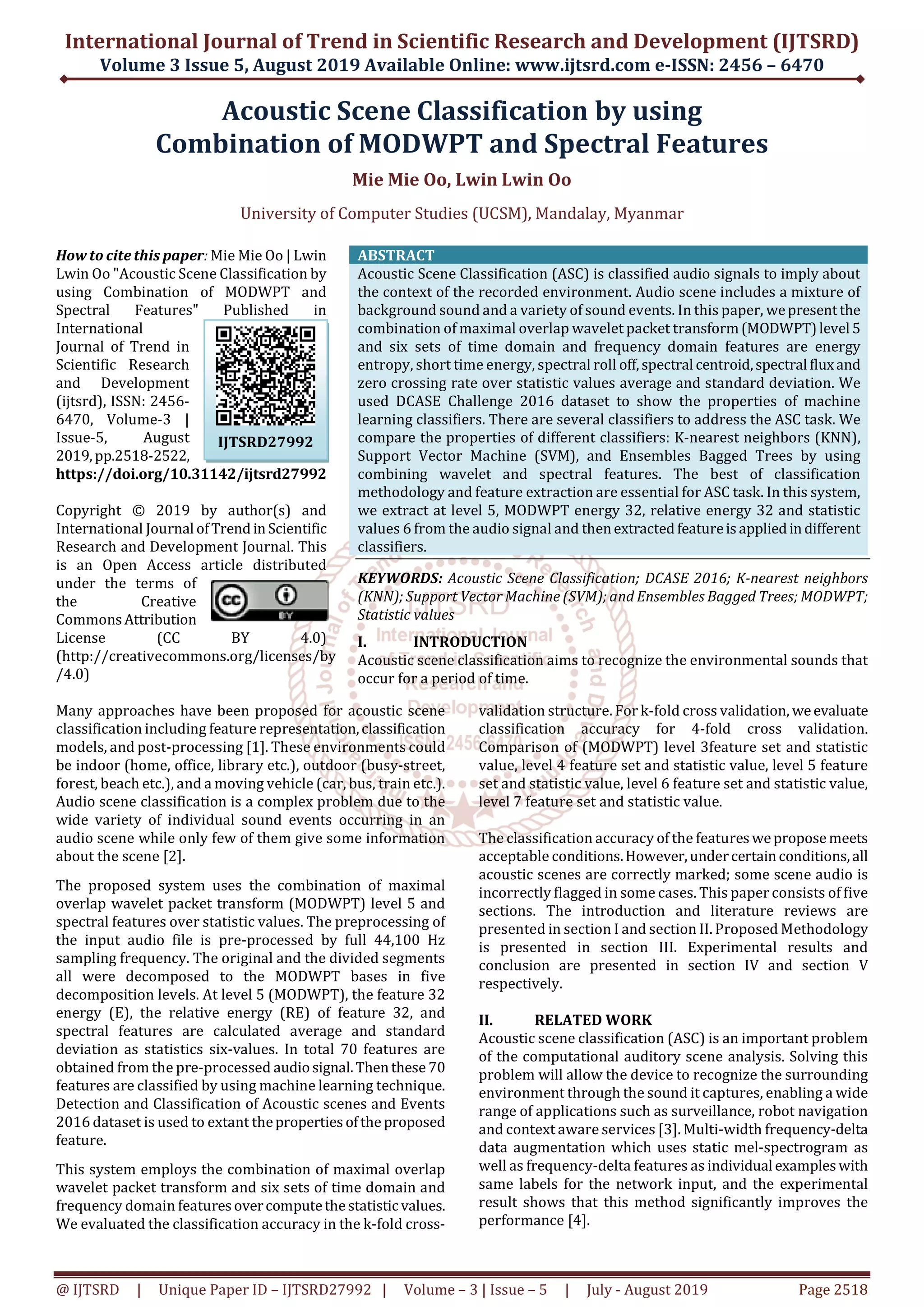 Acoustic Scene Classification By Using Combination Of Modwpt And Spectral Features Pdf
