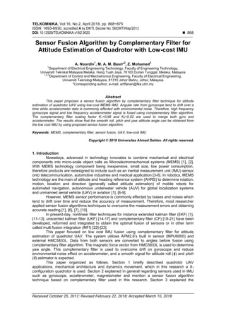 Sensor Fusion Algorithm by Complementary Filter for Attitude Estimation of Quadrotor with Low ...
