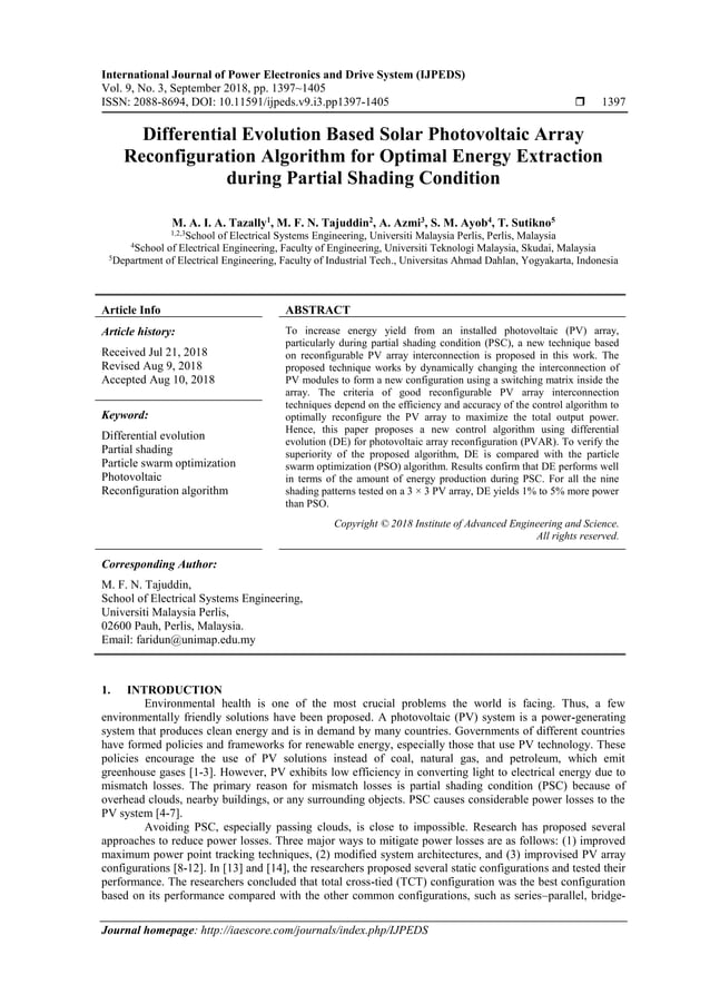 Differential Evolution Based Solar Photovoltaic Array Reconfiguration Algorithm For Optimal