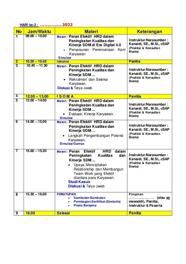RUNDOWN ACARA Pelatihan _"Peran Efektif HRD dalam Peningkatan Kualitas ...