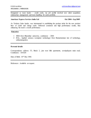 ezhil cv 29th april 2015 | DOCX | Sales | Business