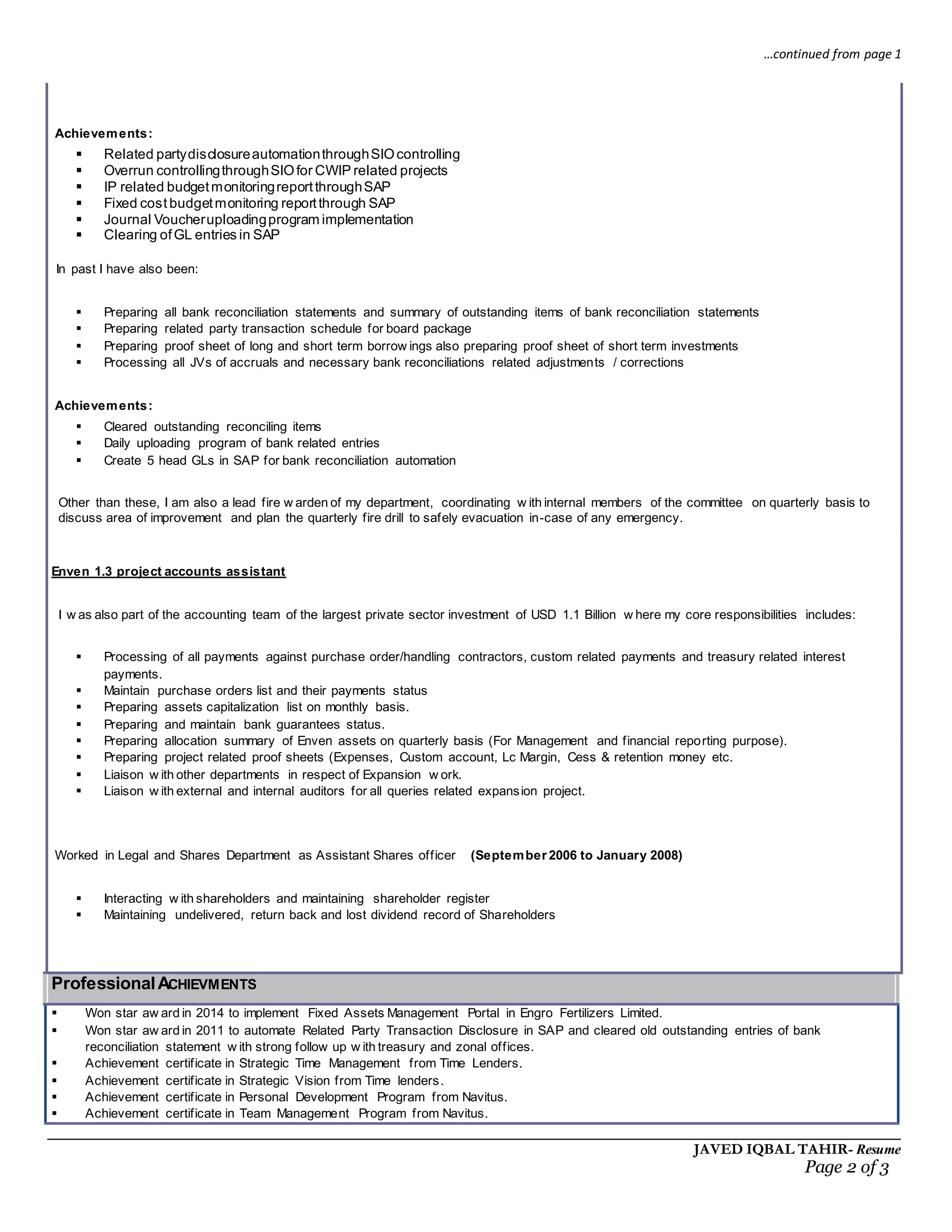 Resume- Javed Iqbal Tahir | PDF
