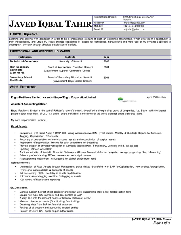 Resume- Javed Iqbal Tahir | PDF