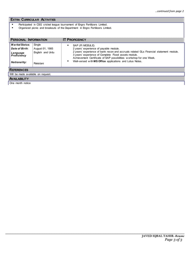Resume- Javed Iqbal Tahir | PDF