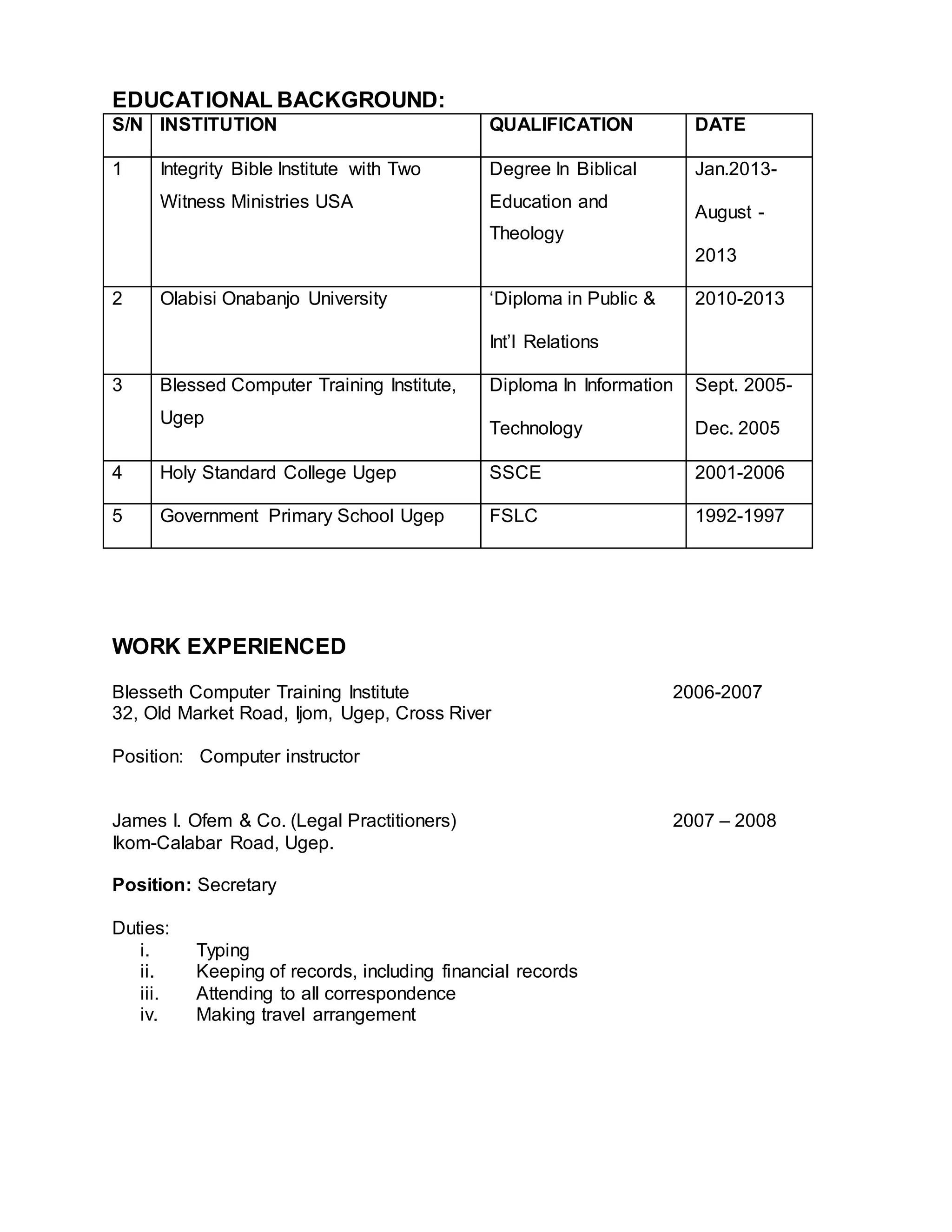 Womi Daniel ONen main cv | DOCX | Christianity | Religion & Spirituality