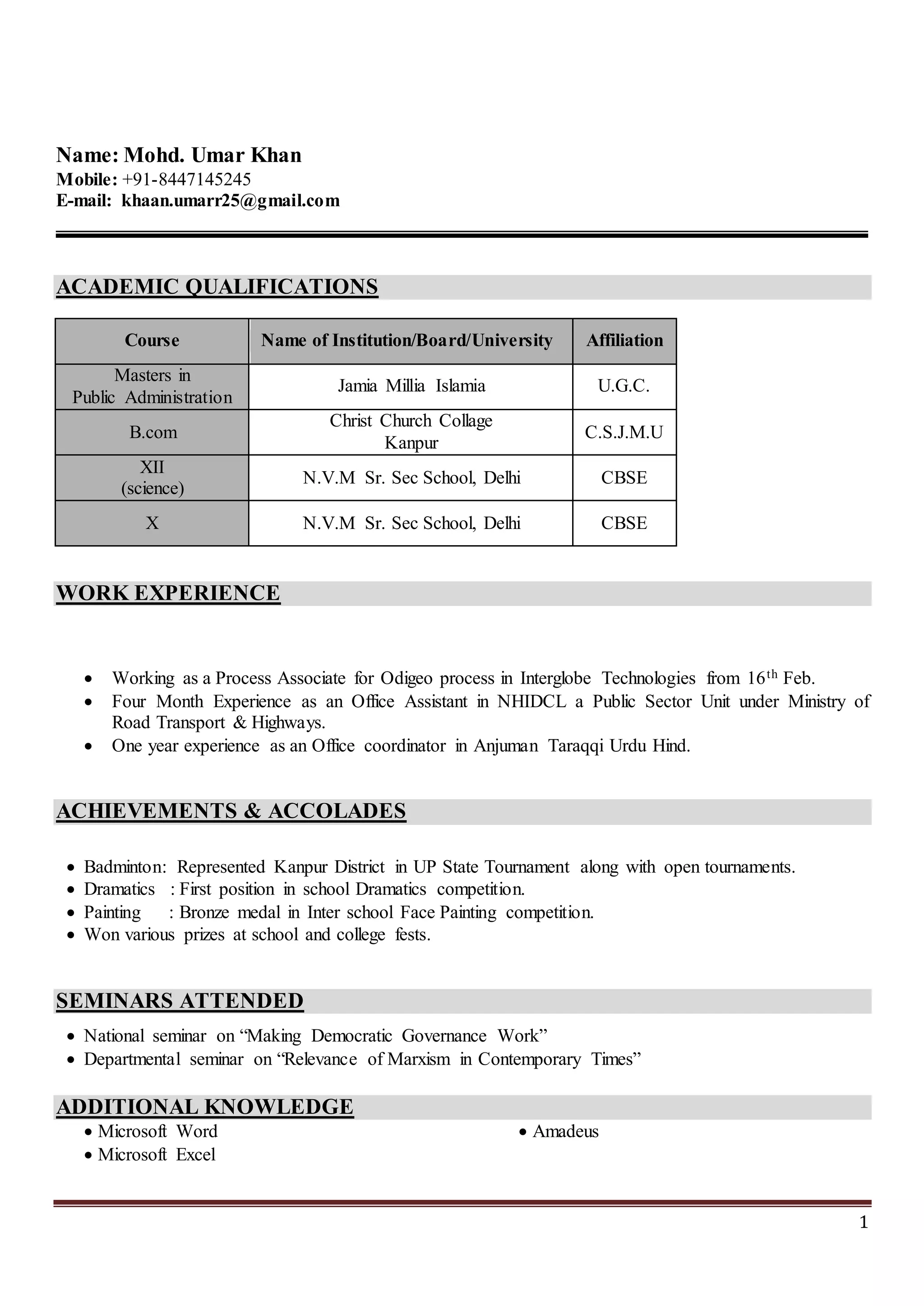 Umar khan Resume | DOCX | College Education | Education