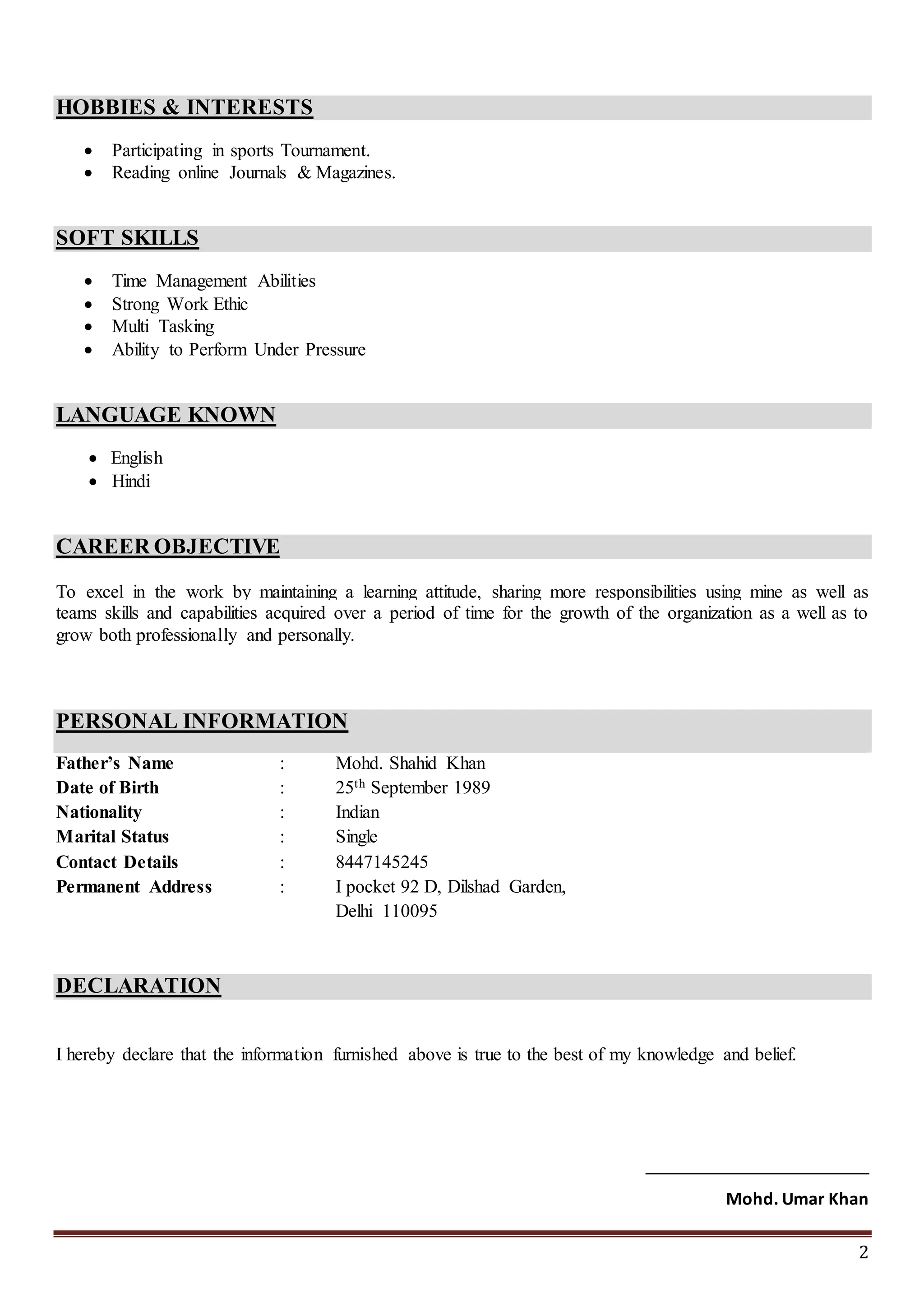 Umar khan Resume | DOCX | College Education | Education