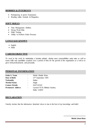 Umar khan Resume | DOCX | College Education | Education