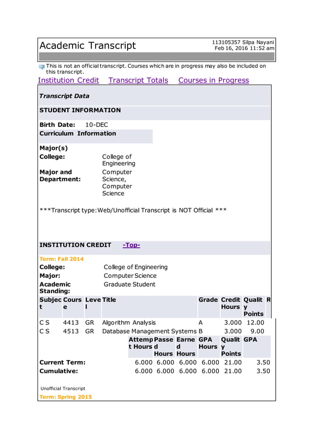 Academic Transcript | PDF